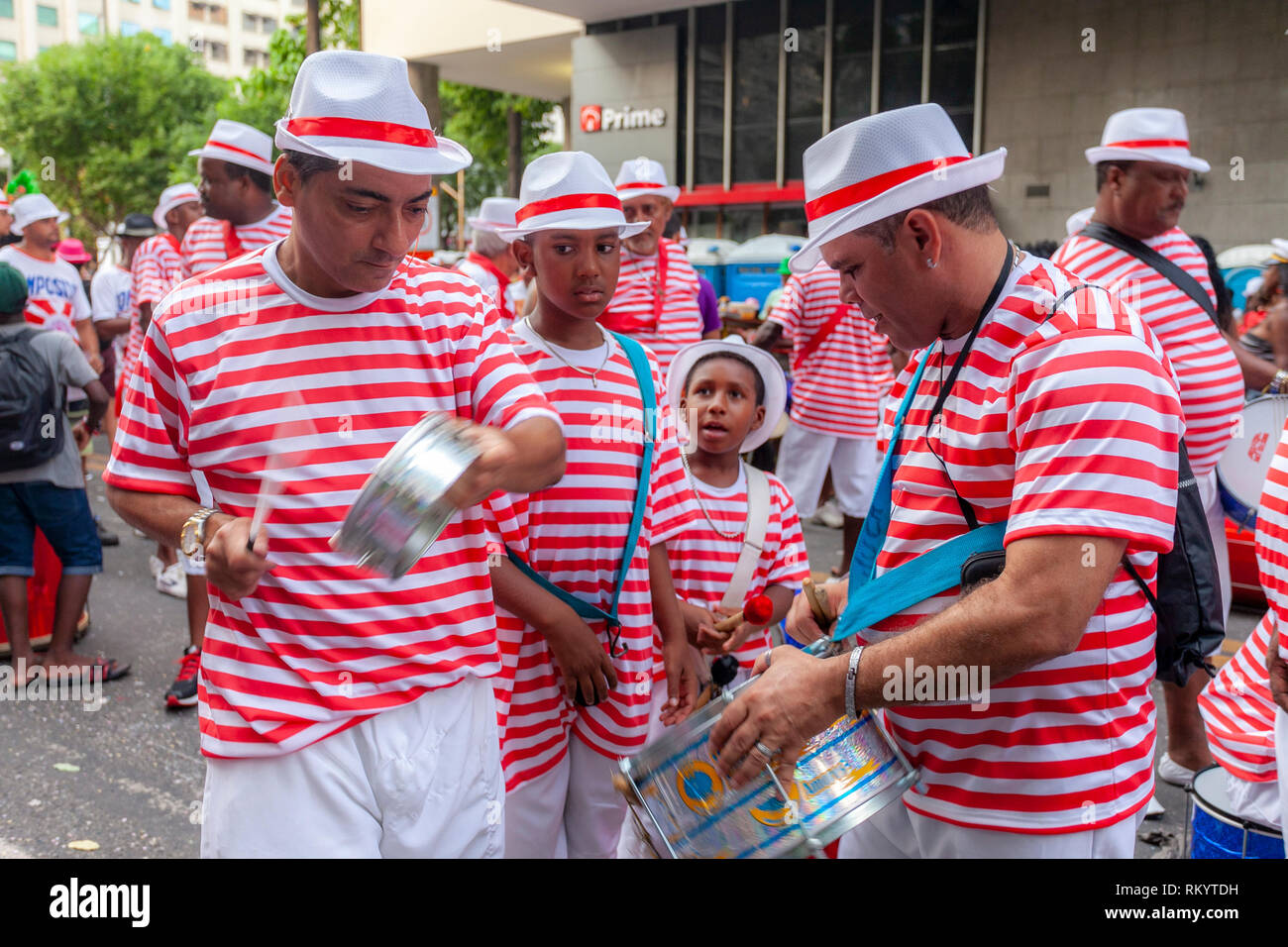 Samba drummers at a carnival block party in the city centre of Rio de ...