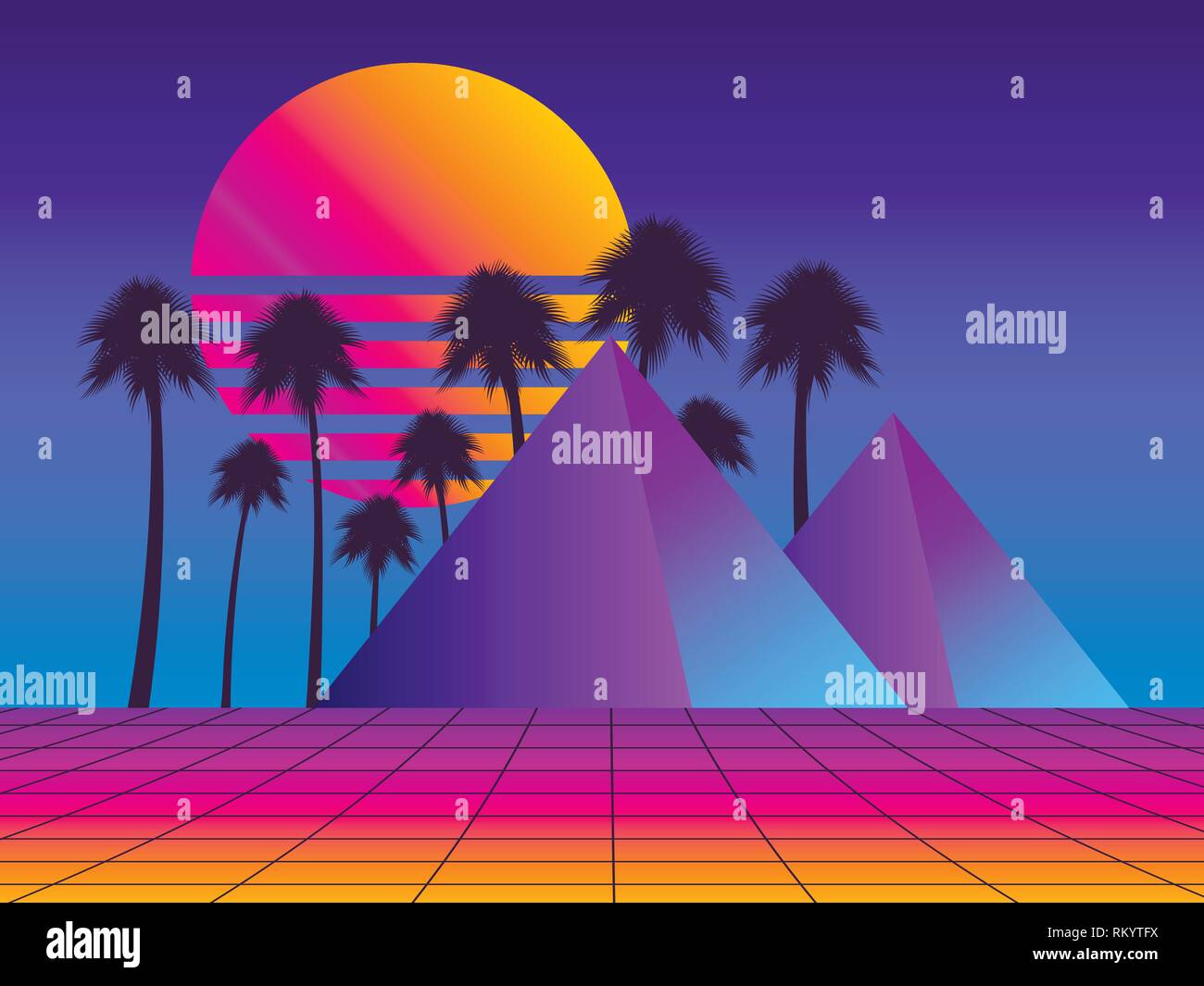 Retro futurism pyramids with palm trees. Perspective grid. Neon sunset ...