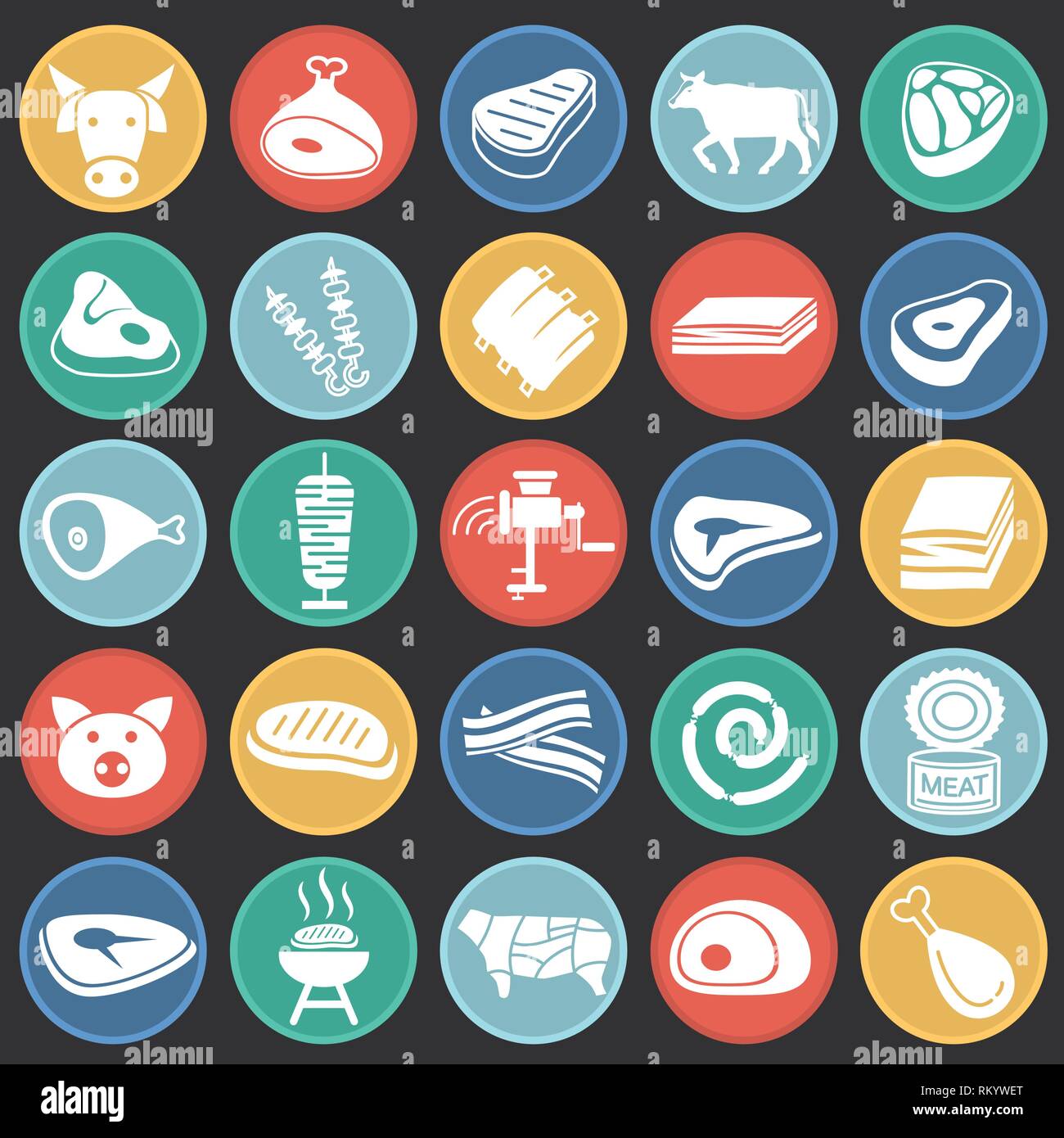 Meat icons set on color circles black background for graphic and web ...