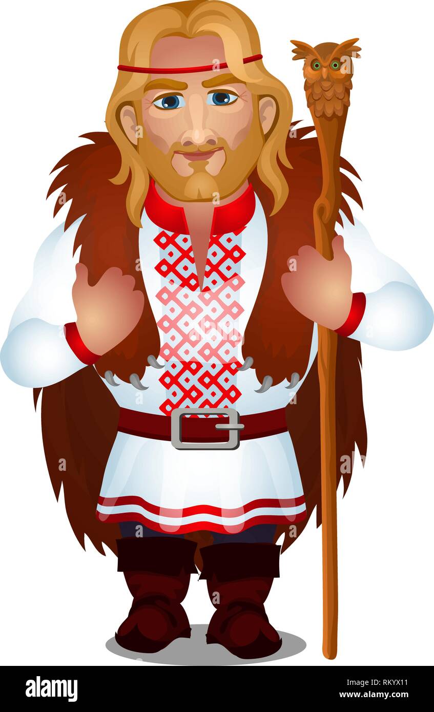 Slavic man in embroidered shirt or vyshyvanka with bear skin and a ...