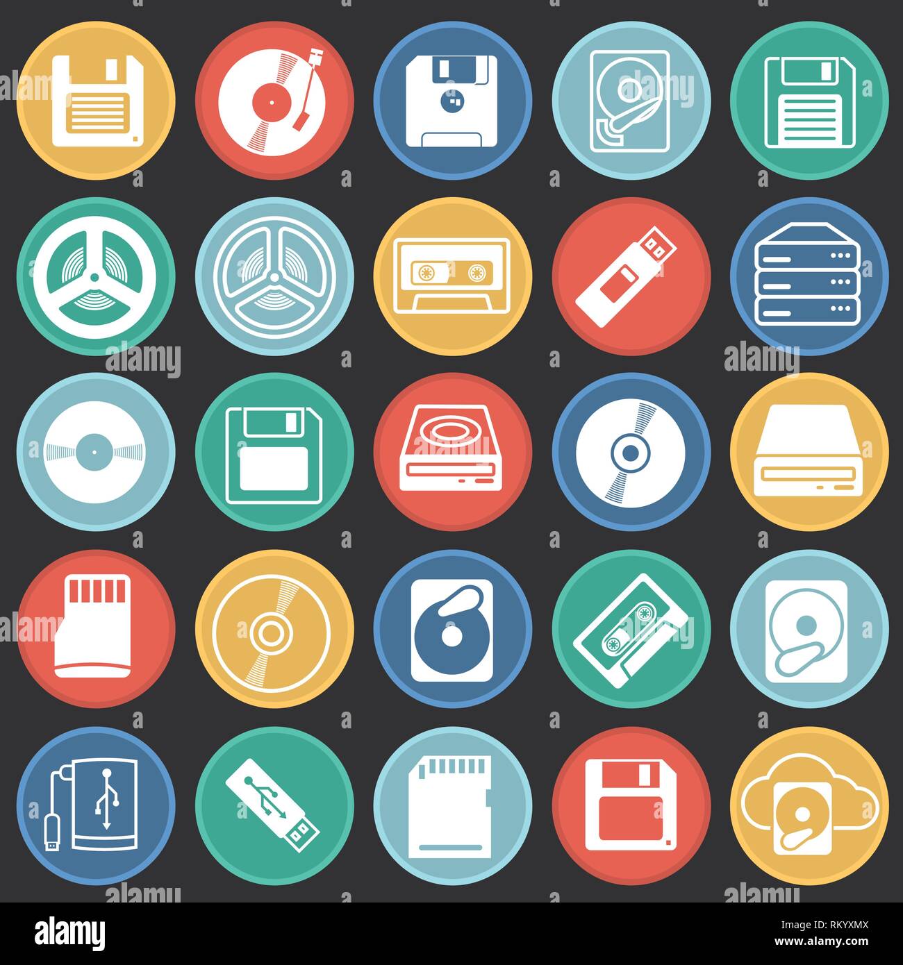 Data device icons set on color circles black background for graphic and ...