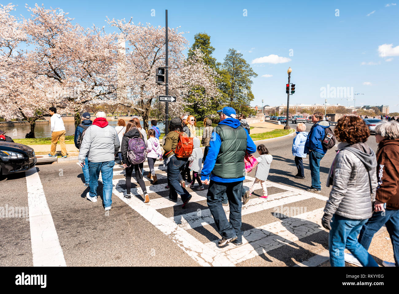 Washington DC, USA - April 5, 2018: Many people crowd crossing ...