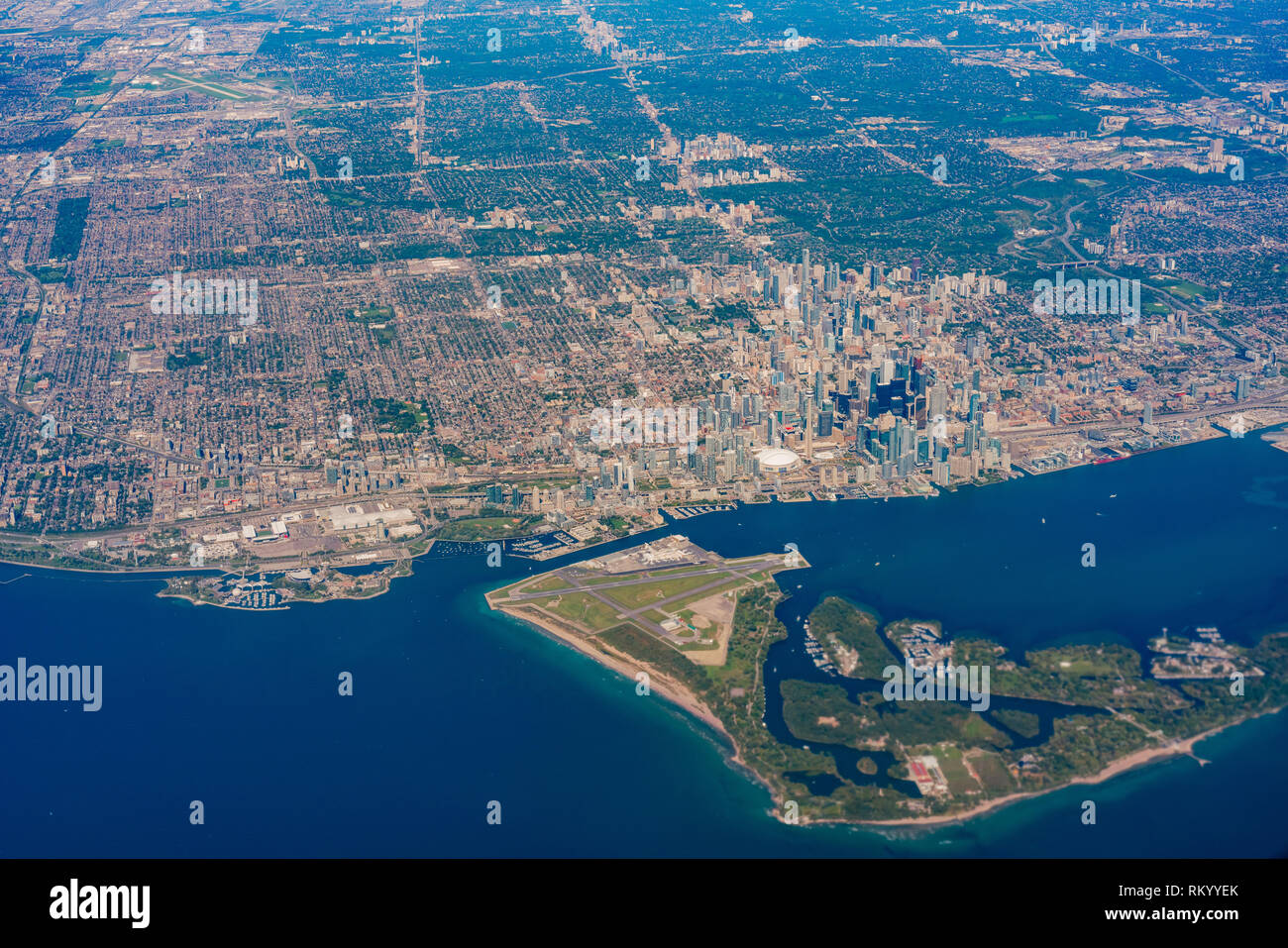 Aerial view of the Toronto area cityscape with the islands at Canada ...
