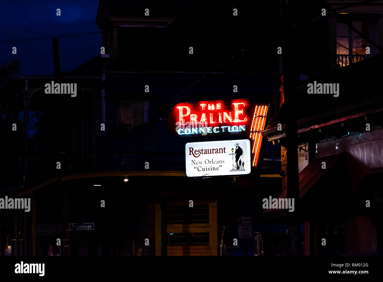 New Orleans, USA - April 22, 2018: Food business neon sign for Praline ...