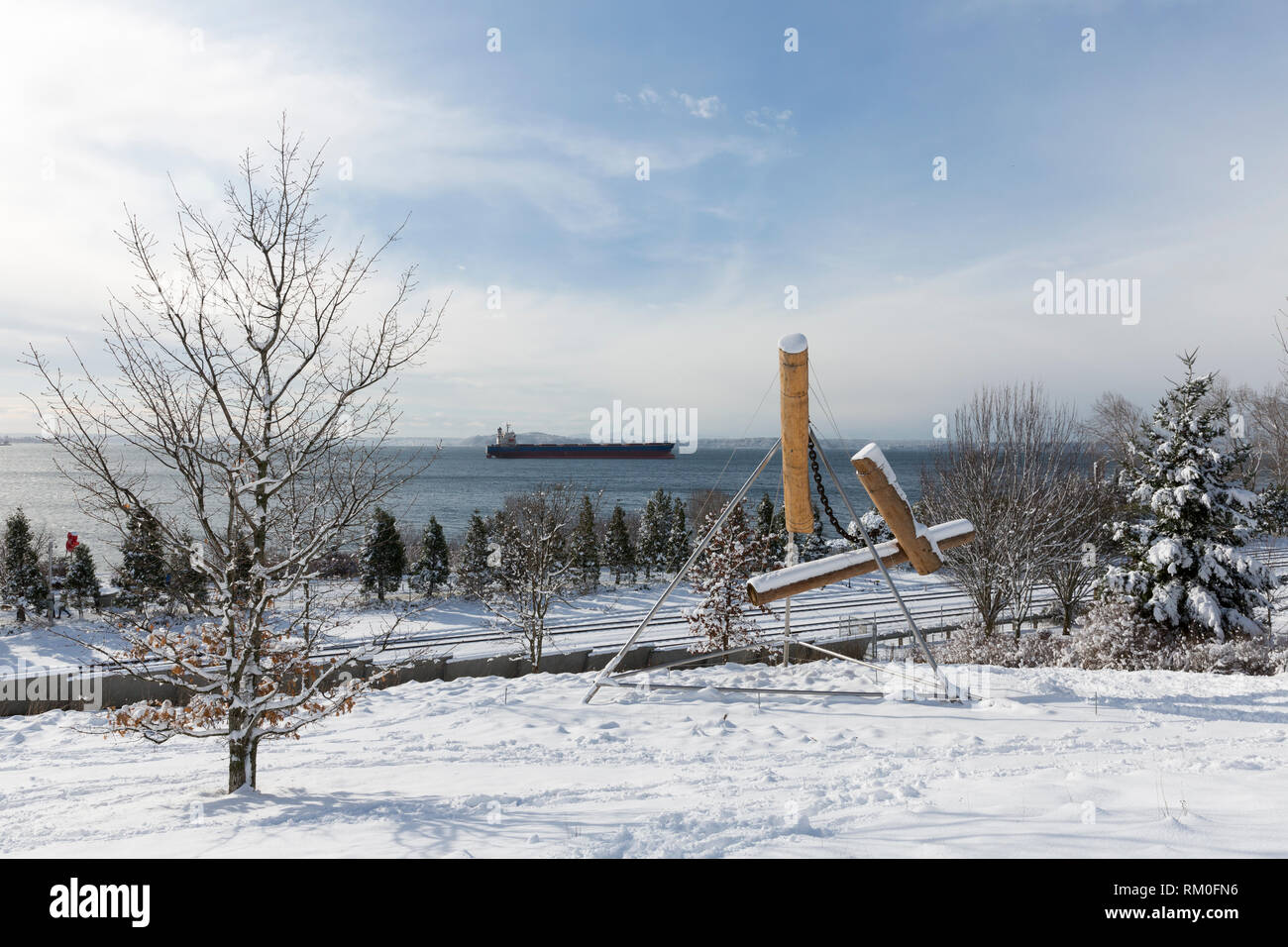 Seattle, Washington: View of Olympic Sculpture Park as a strong winter ...