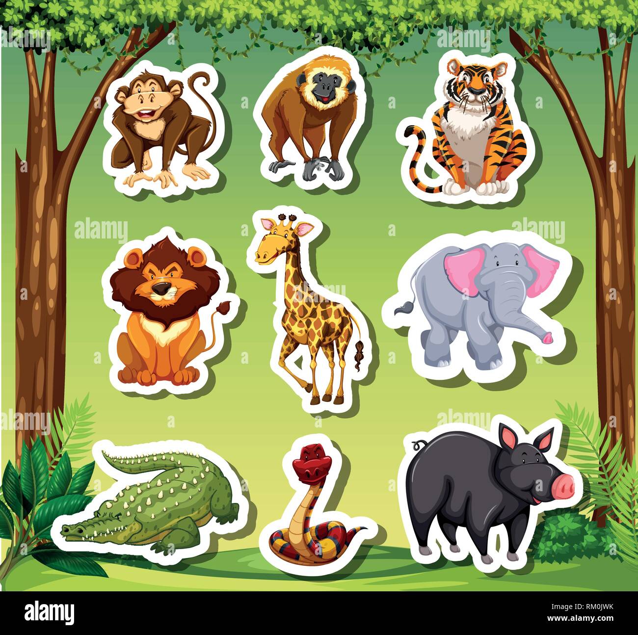 Many animals sticket in jungle background illustration Stock Vector ...