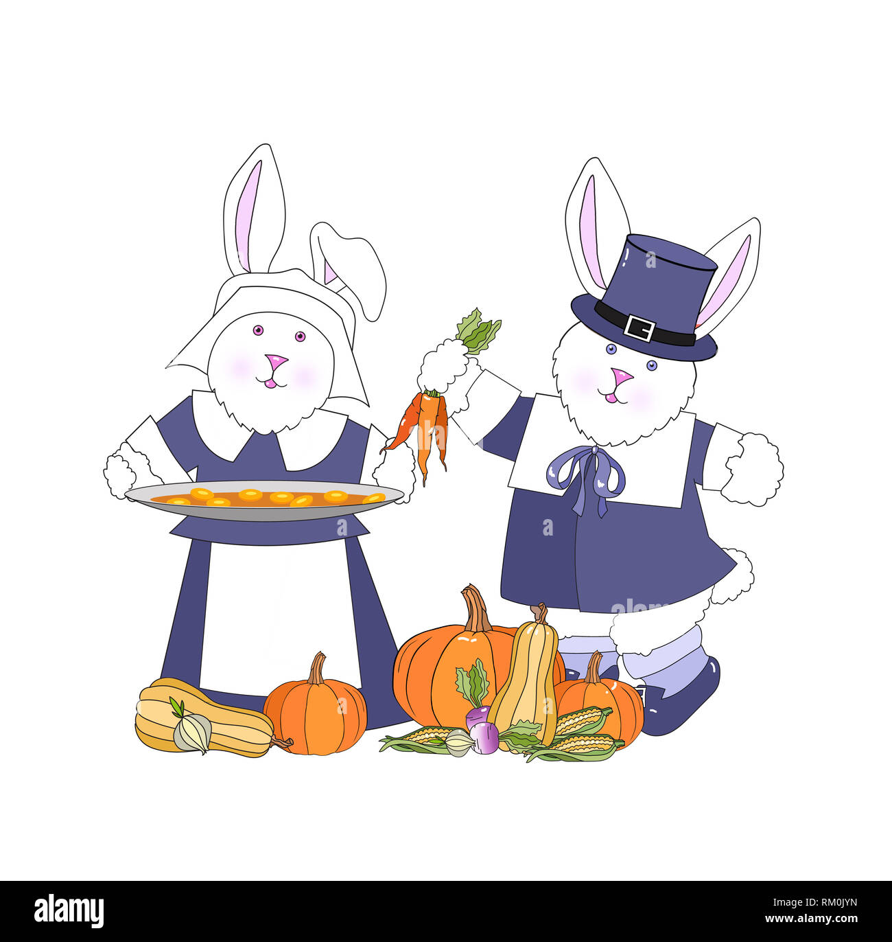 Illustration of male and female white rabbits dressed as Thanksgiving ...
