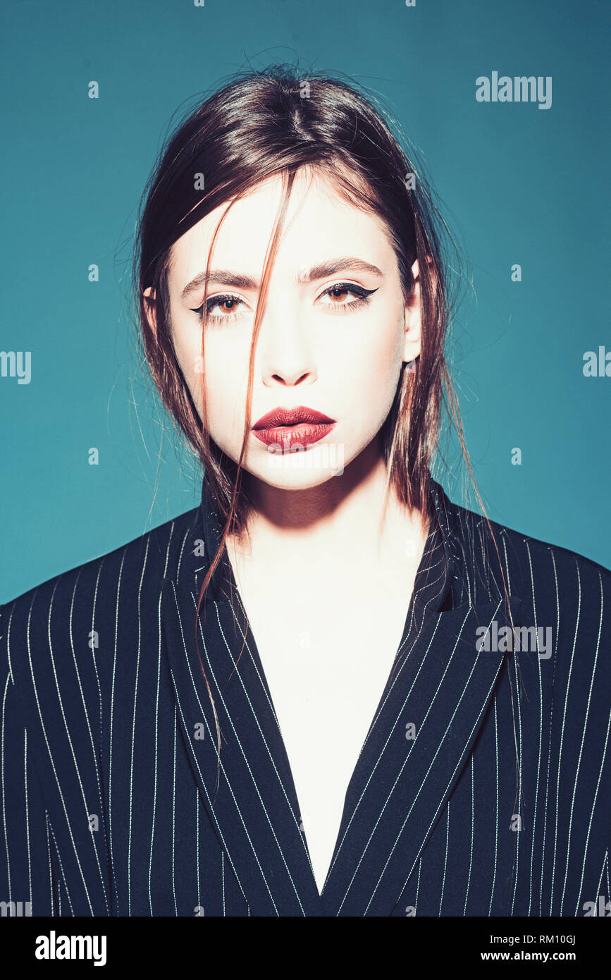 Woman with stylish makeup and hairstyle. Femininity concept. Girl on ...