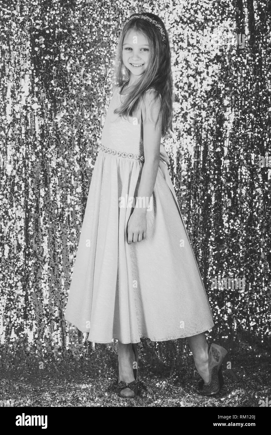 little princess in beautiful dress. little princess pose on silver ...