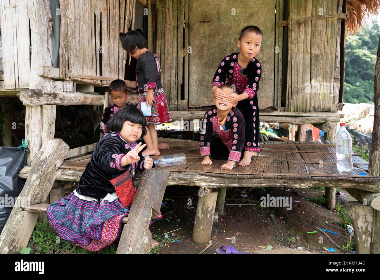 Hmong's Hilltribe children with traditional costumes at play, Doi Pui ...