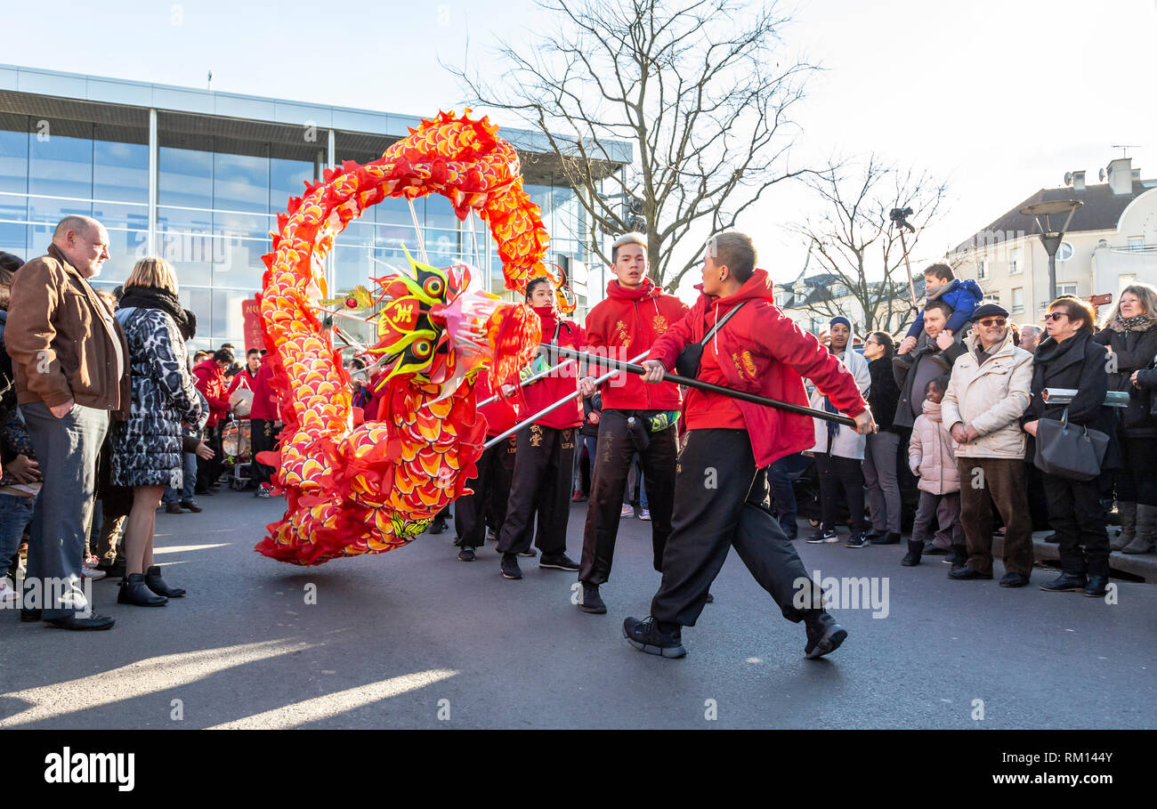 Noisy-le-Grand, France - February 18,2018: Group of performers moving ...