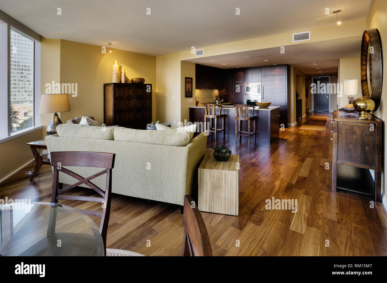 Open floor plan in luxury apartment Stock Photo - Alamy