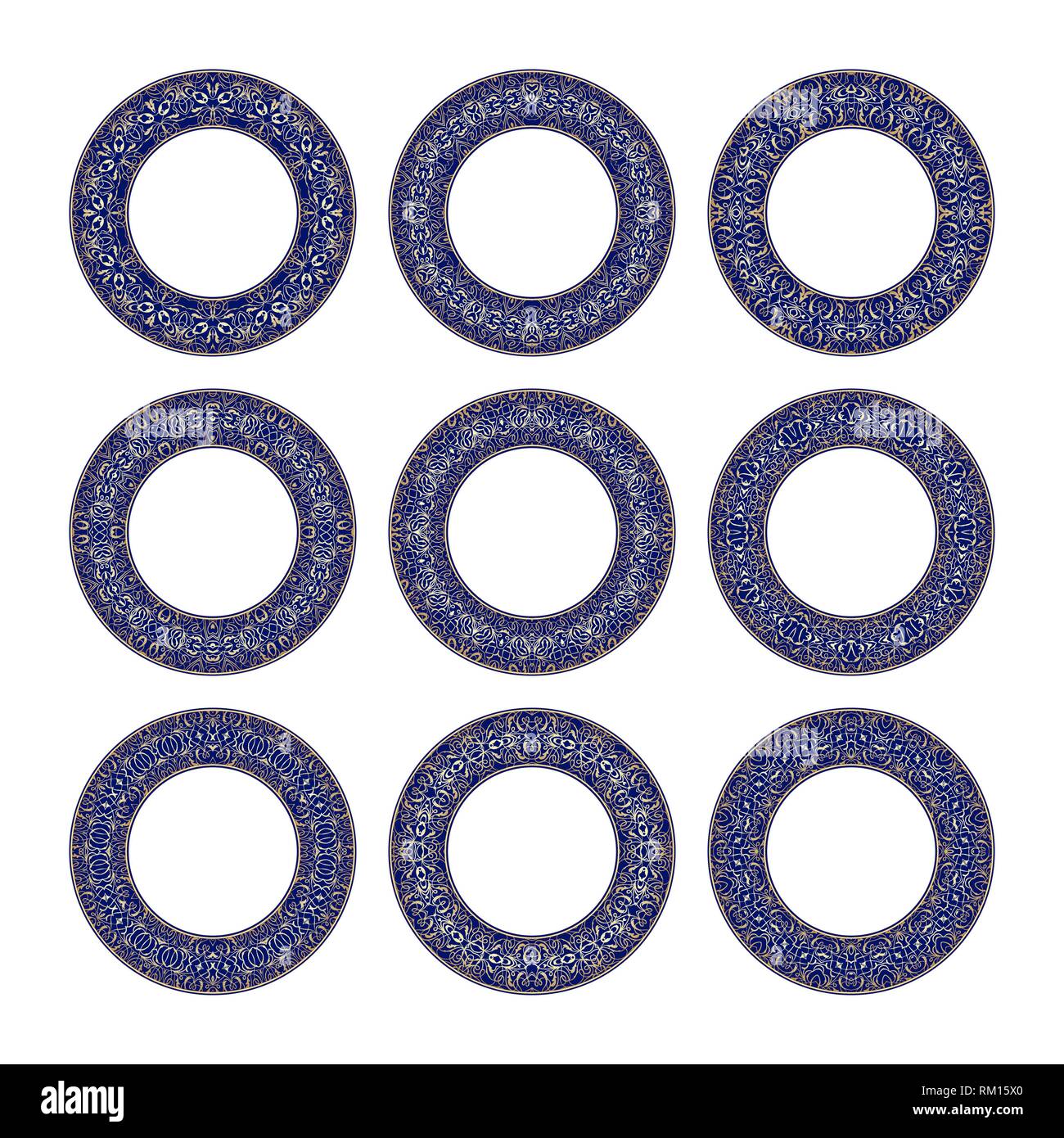 Set of nine decorative plates with a circular golden pattern, top view ...