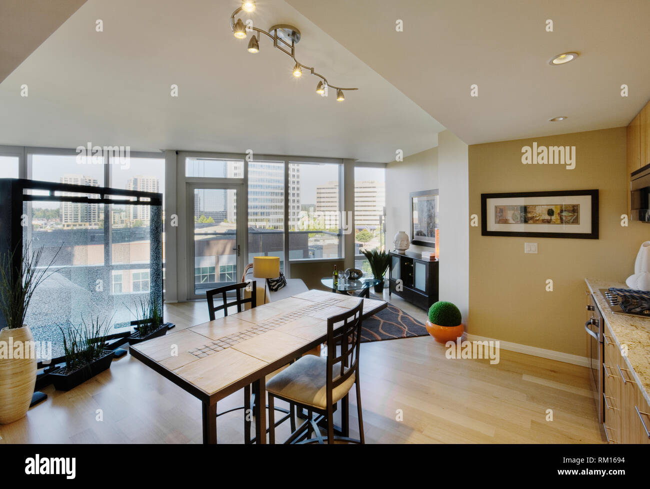 Open floor plan in luxury highrise apartment Stock Photo - Alamy