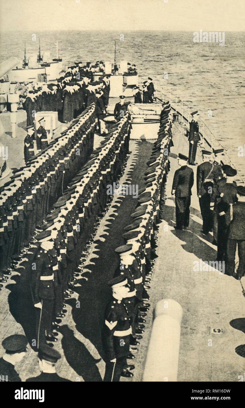 Royal Marines lined up on parade on board a ship, World War II, c1939 ...