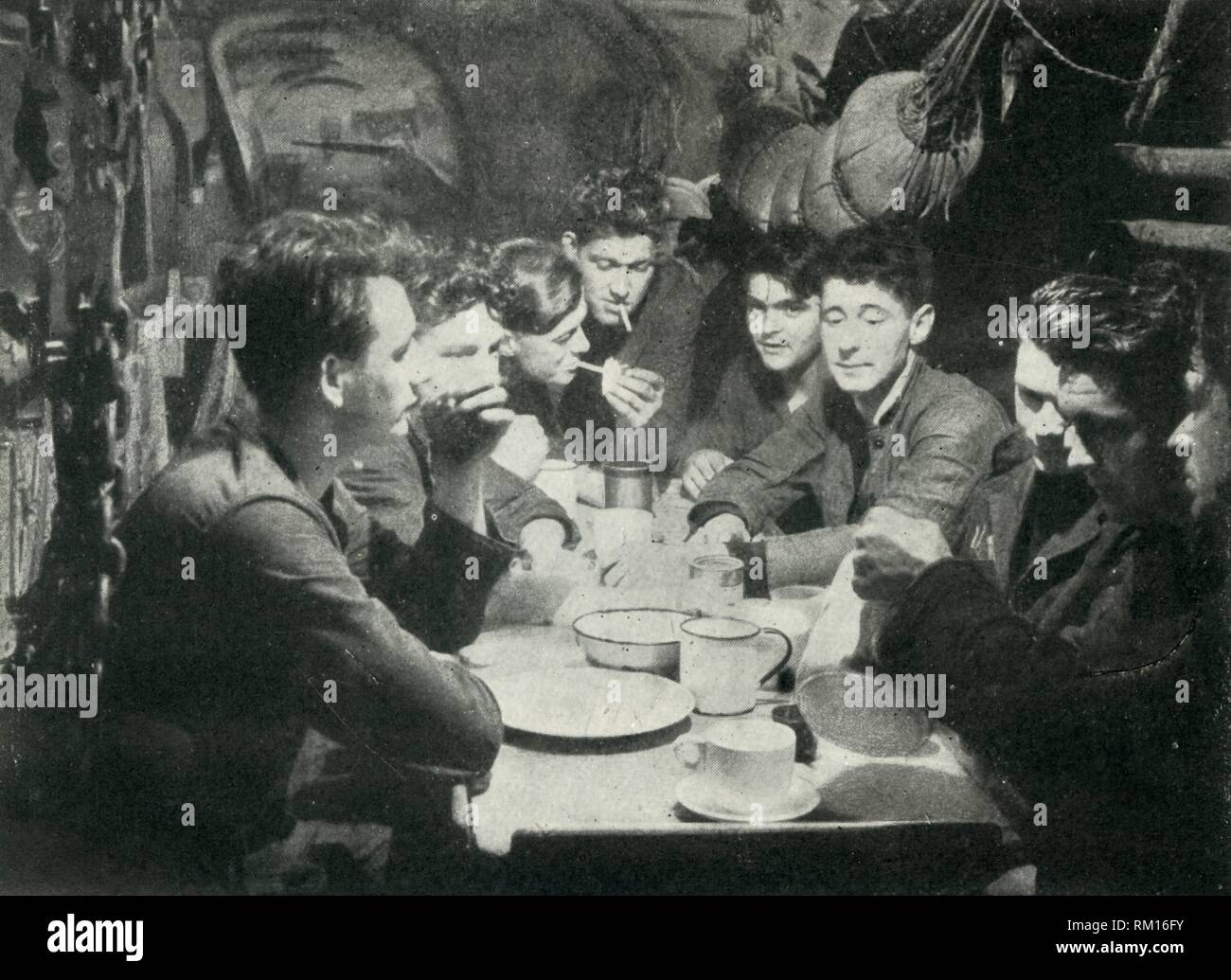 Crew of a British submarine in the mess room, World War II, 1945 ...