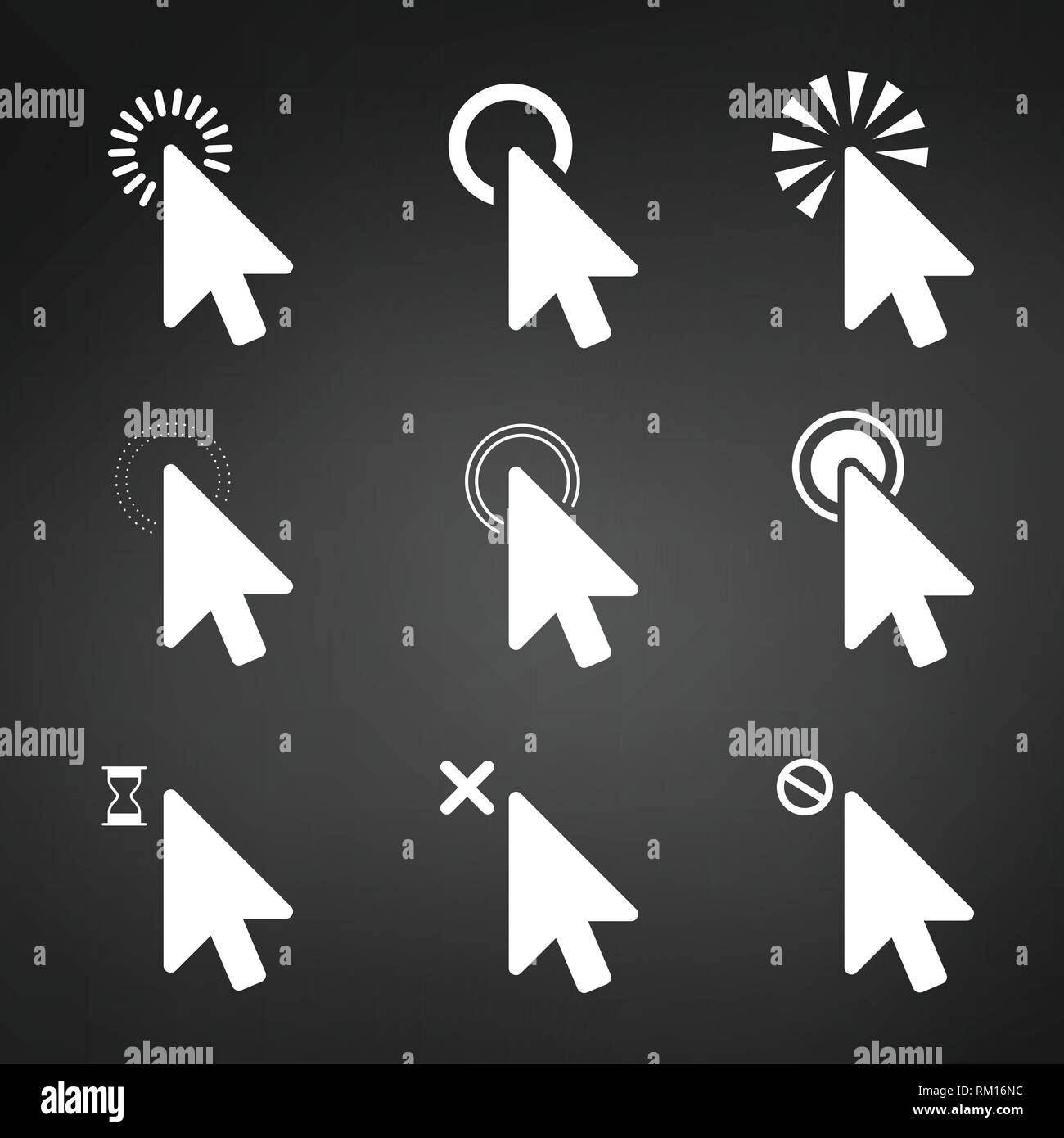 White Computer mouse click cursor arrow icons set. Vector illustration isolated on modern black ...