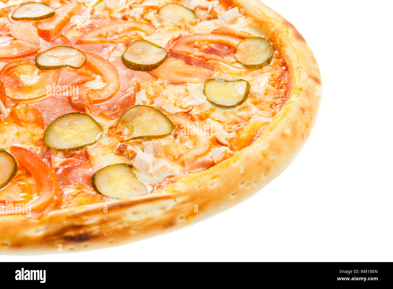 Part of delicious classic italian pizza with chicken, tomatoes ...