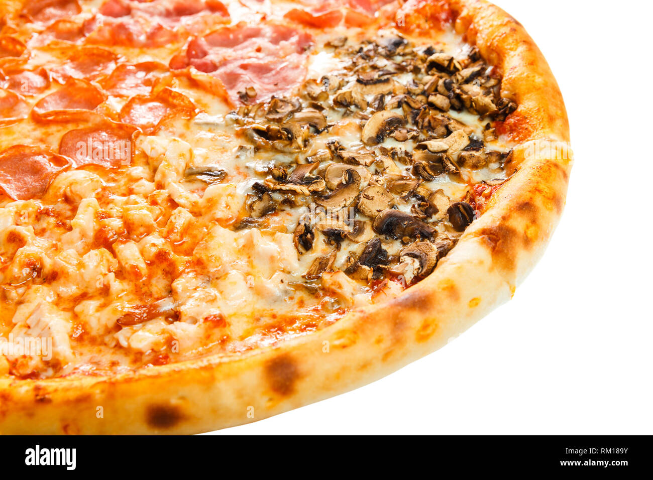 Part of delicious classic italian Pizza Four seasons with spicy chicken ...