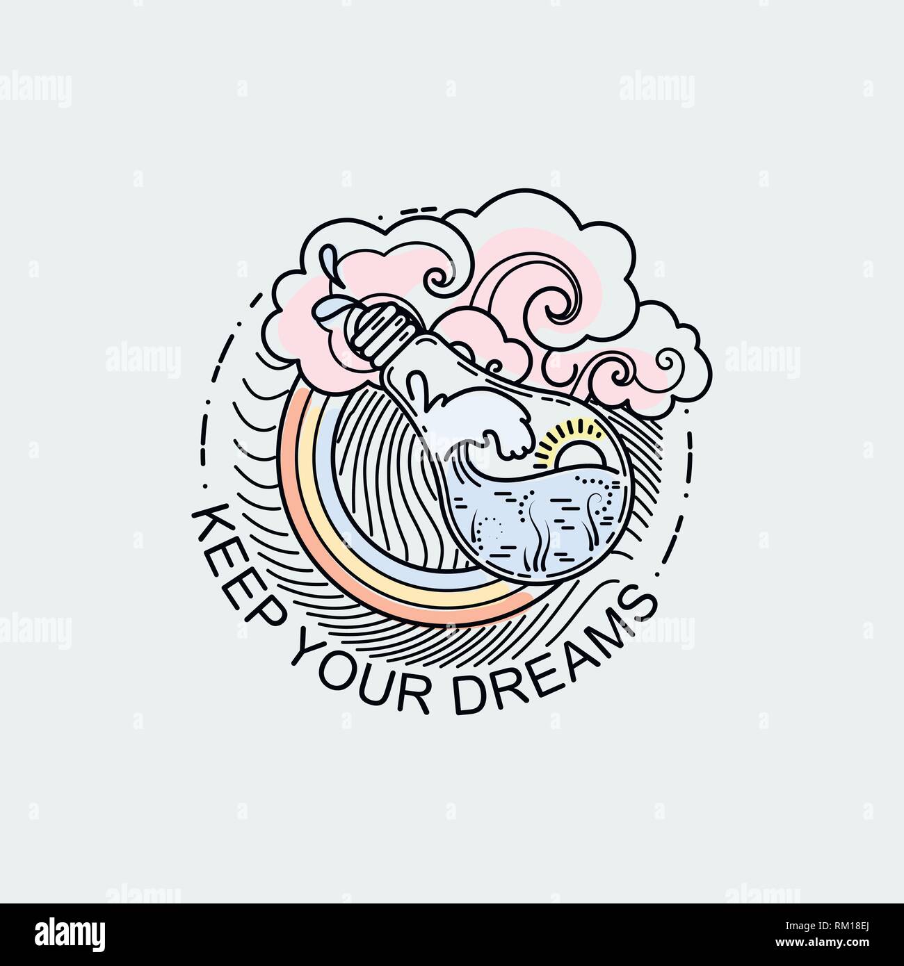 Keep your dreams. Vintage illustration of thin line magic bulb with ...