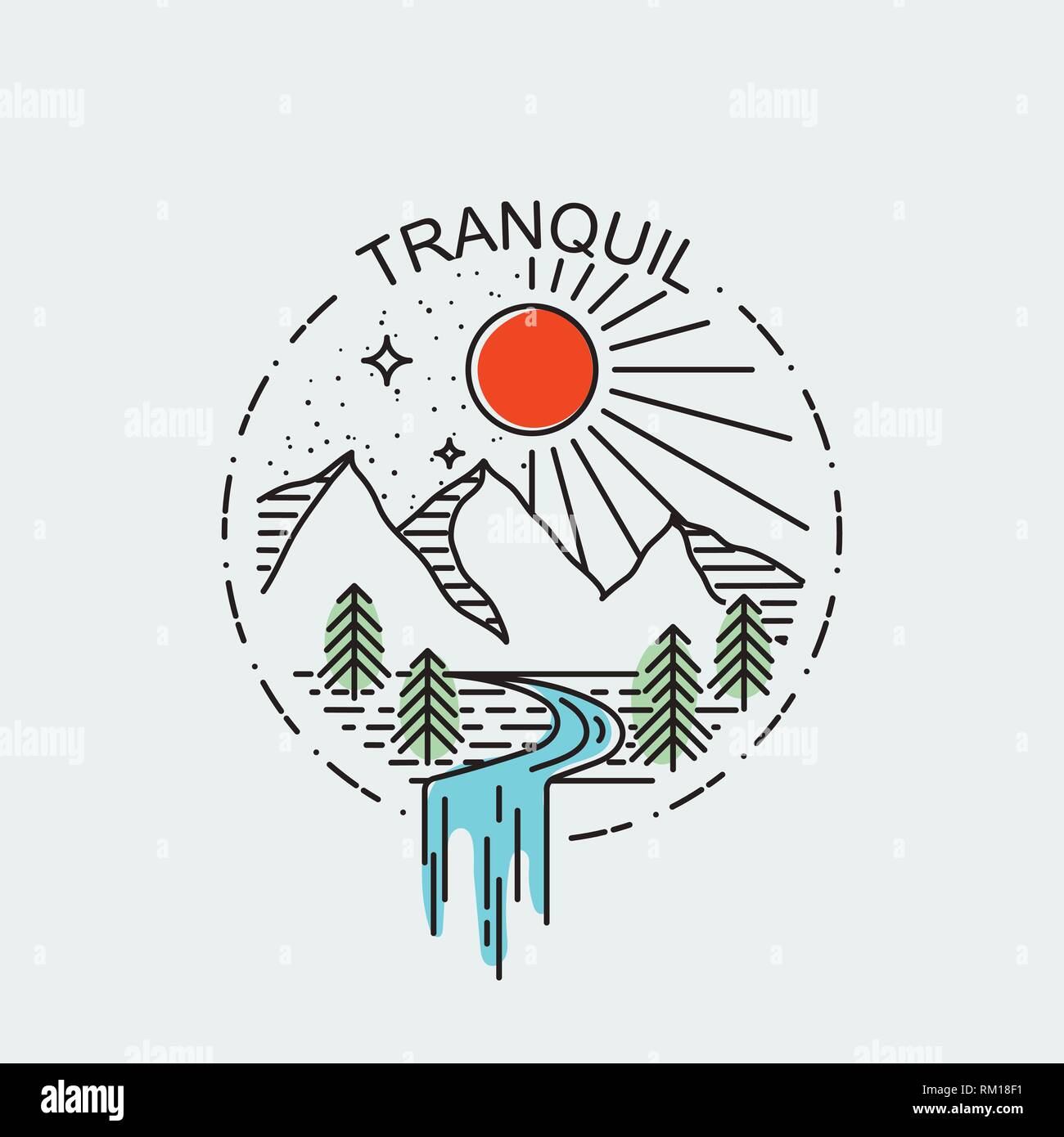 Tranquil. Mountains in day and night. Nature exploration vector vintage ...