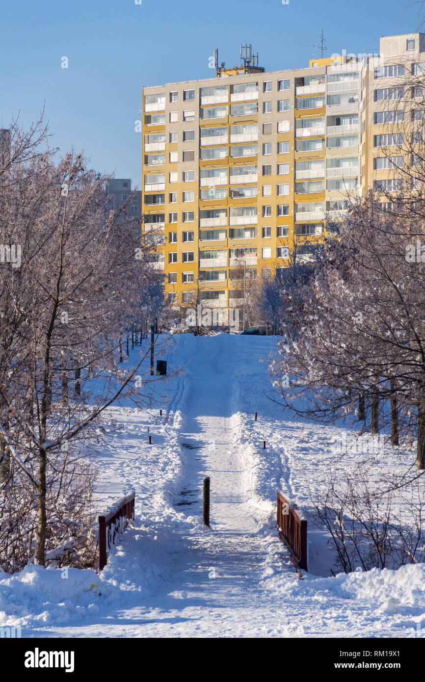 Insulated panel house apartments behind trees, high-rise block of flats ...
