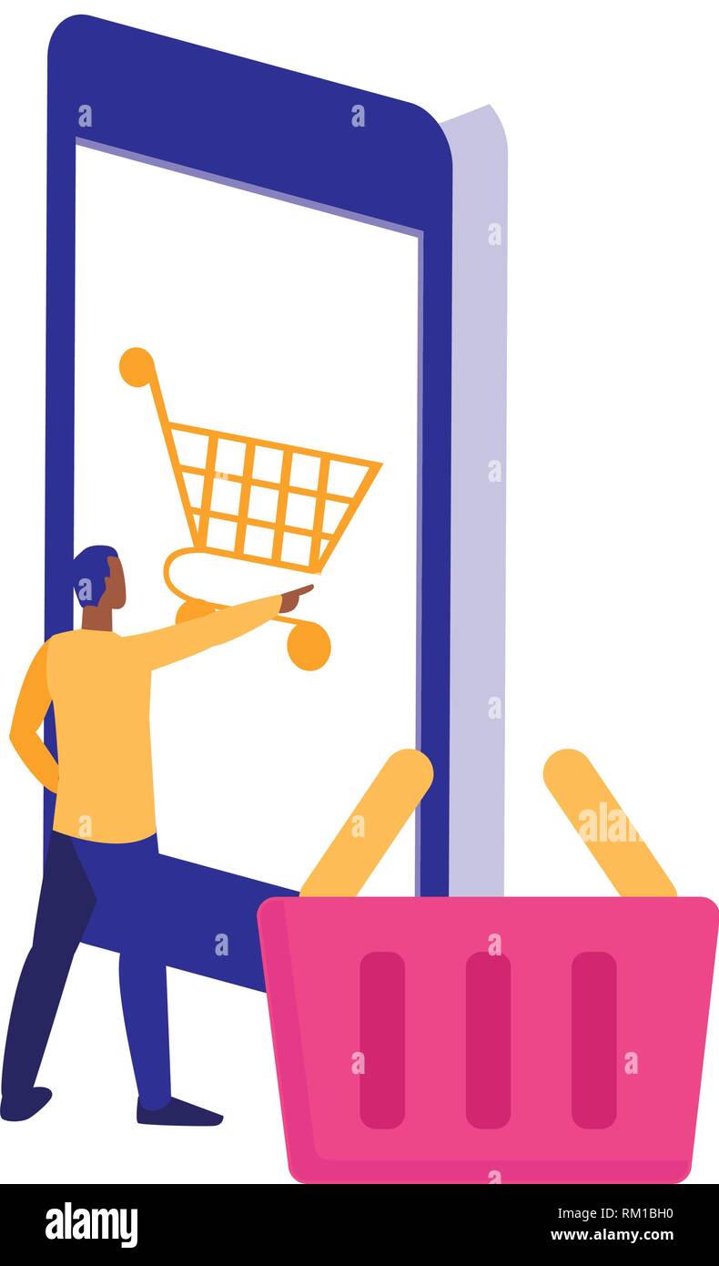 man basket cellphone online shopping market vector illustration Stock ...