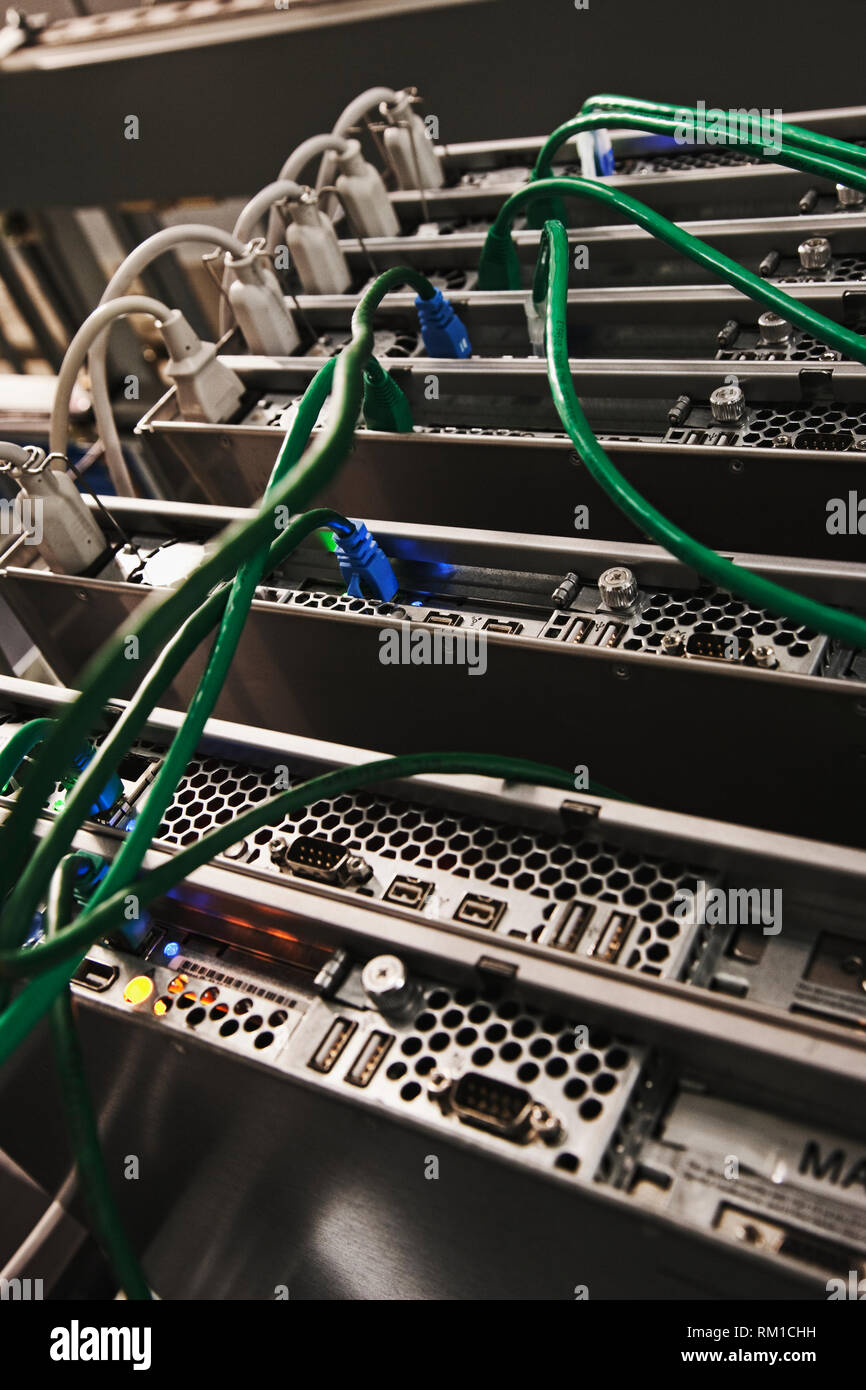 Green Cables Connected to the Back of a Server Stock Photo - Alamy