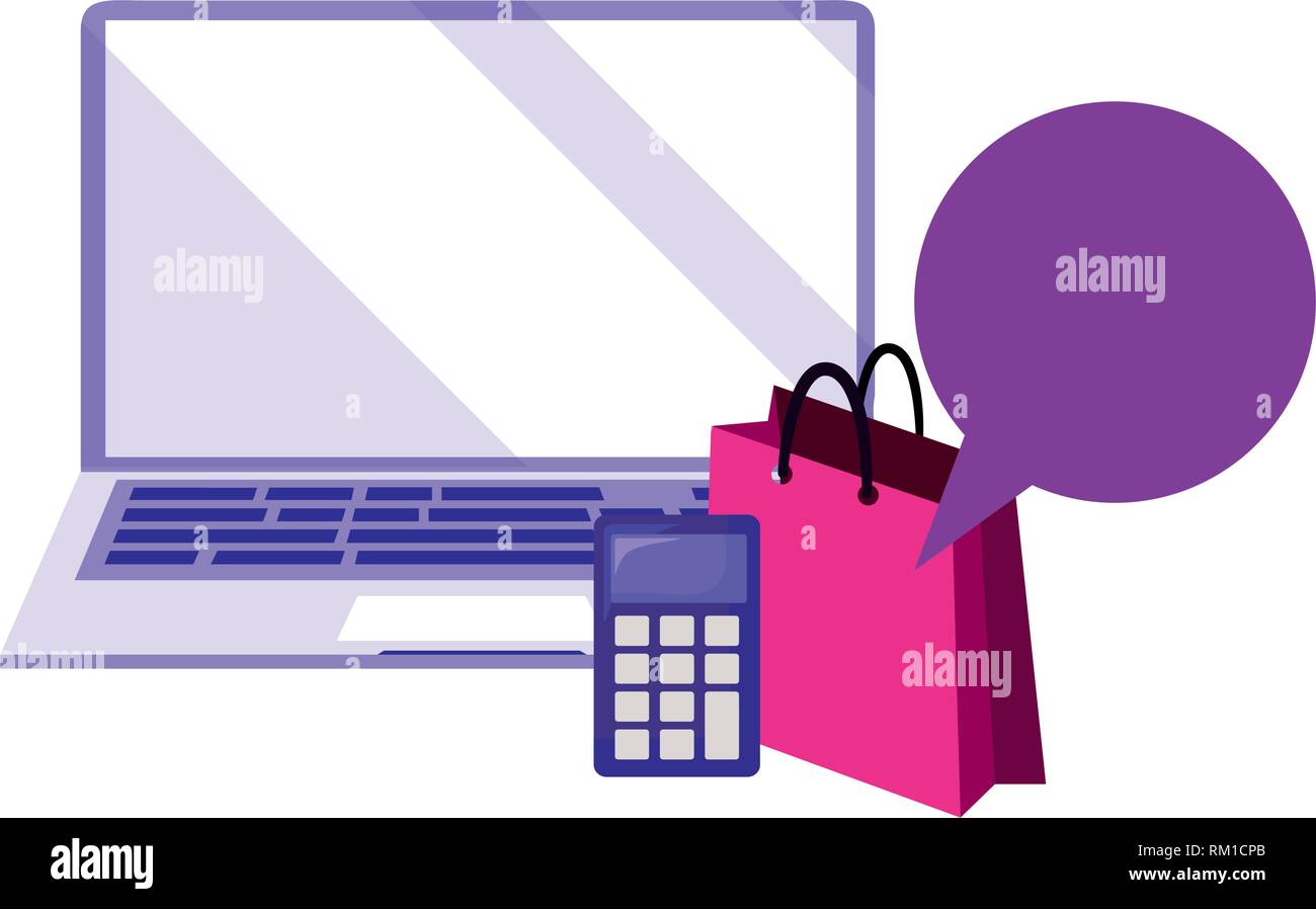 laptop paper bag calculator online shopping market vector illustration ...