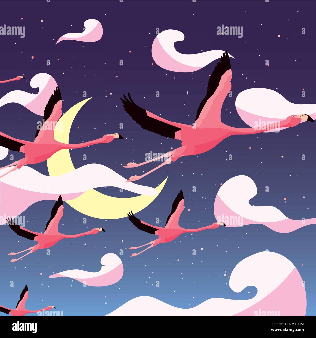 cute flamingos flying in the sky vector illustration Stock Vector Image ...