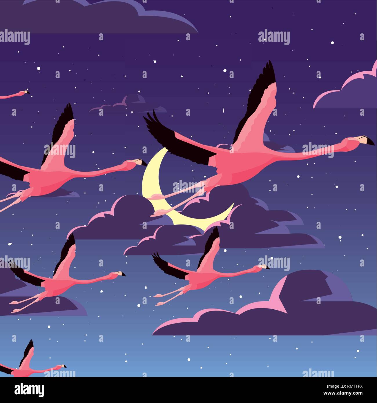 cute flamingos flying in the sky vector illustration Stock Vector Image ...