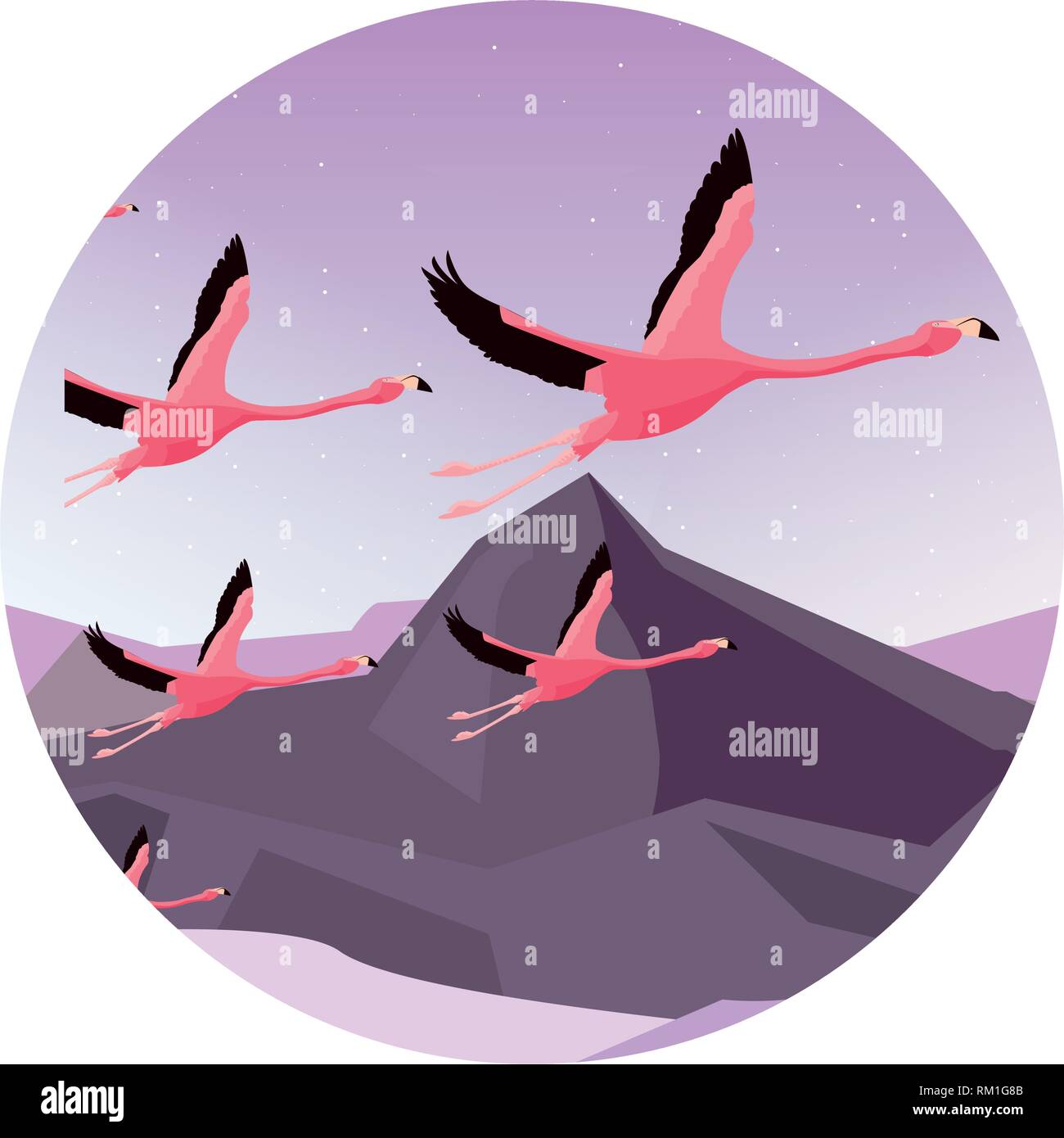 group flamingos flying in the landscape vector illustration Stock ...