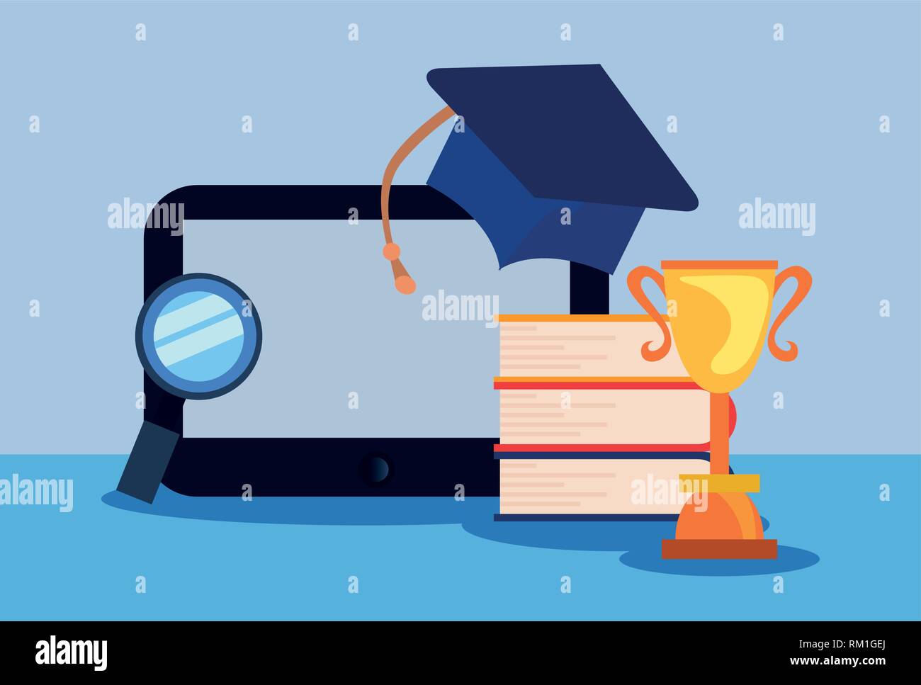 tablet books trophy graduation hat online education vector illustration ...
