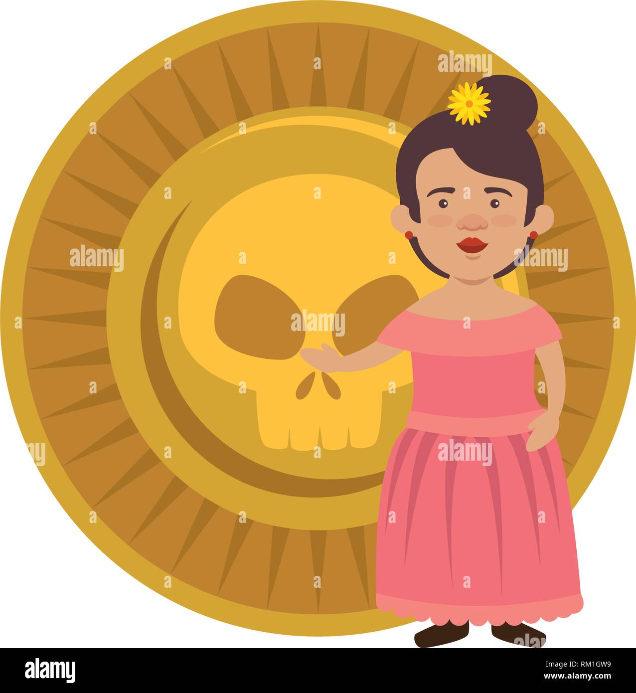 traditional mexican woman with skull coin vector illustration design ...