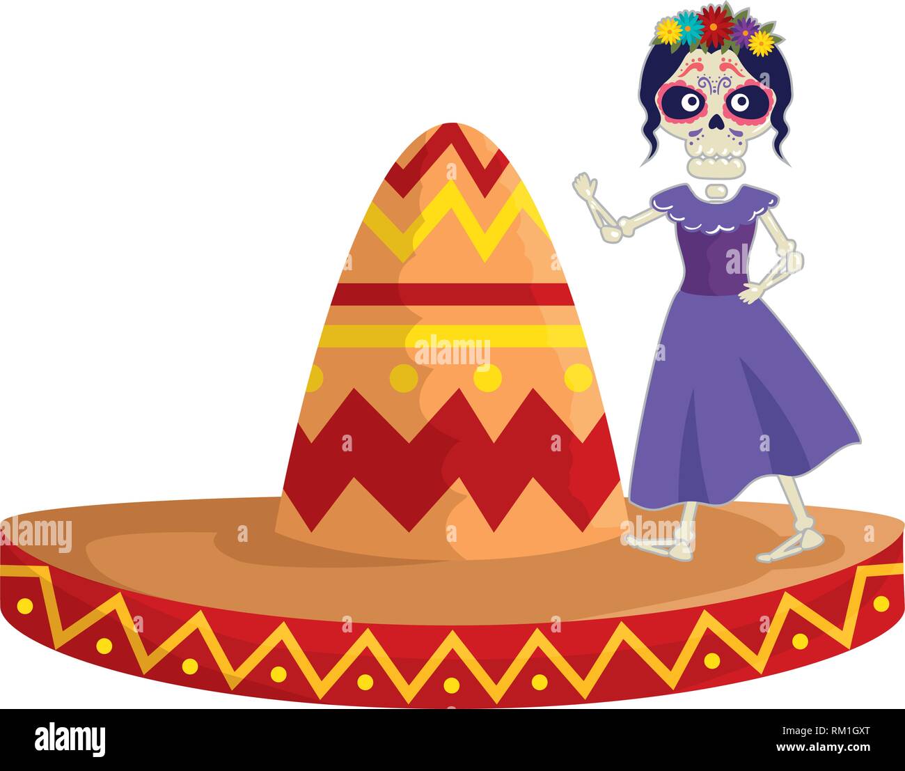 skeleton of katrina with mexican hat character vector illustration ...