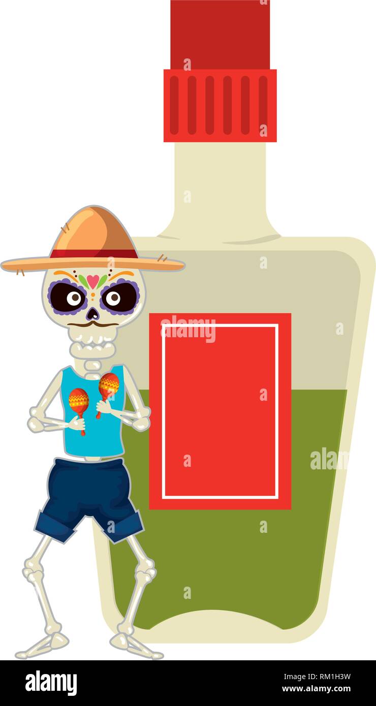 skeleton mexican with hat and tequila bottle vector illustration design ...