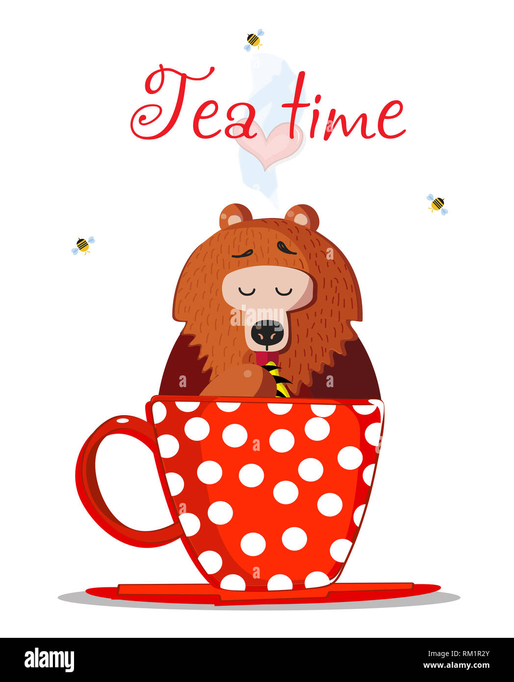 Tea Time Illustration. Cute Cartoon Teddy Bear Character Sit In Red Mug ...