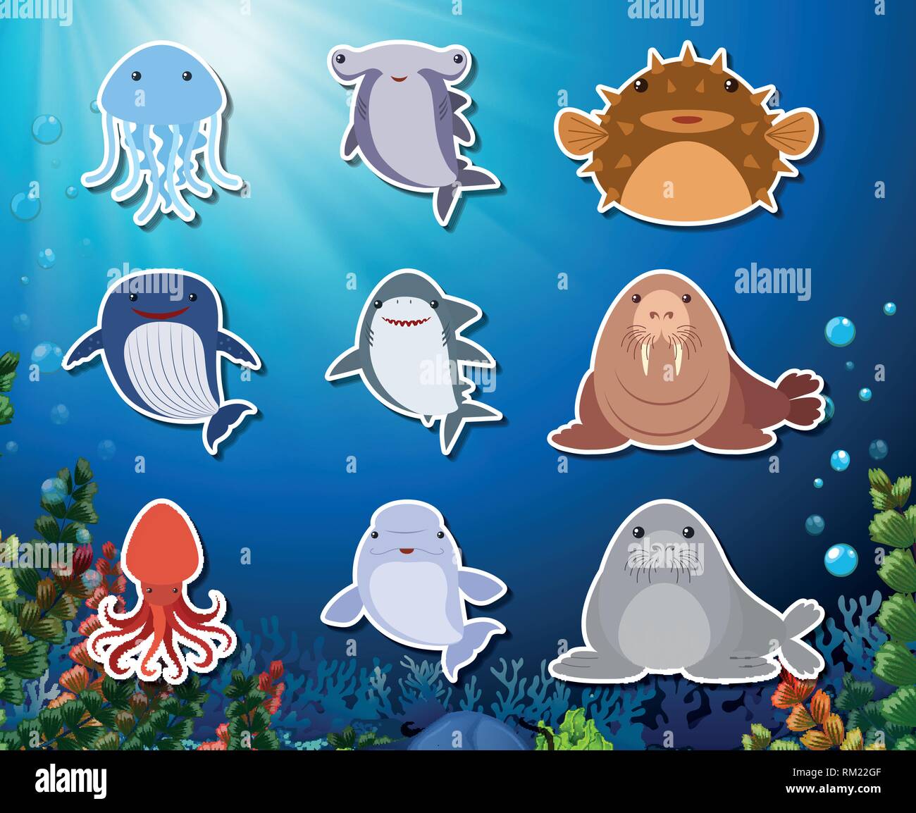 Set of underwater animals sticker illustration Stock Vector Image & Art ...