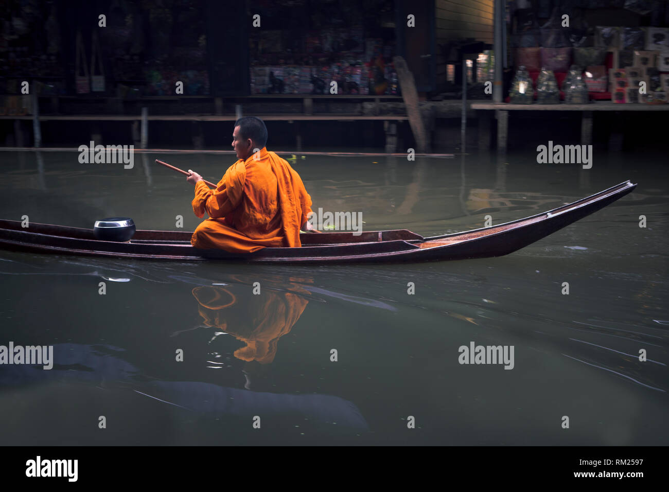 ratchaburi thailand - january1,2019 : thai monk sailing boat in ...