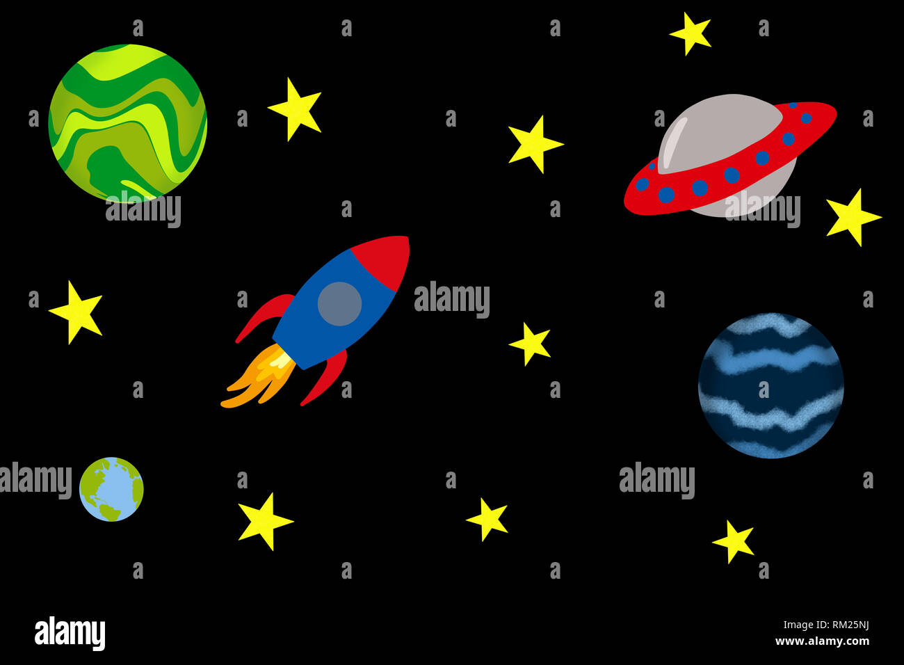 Hand Drawn space scene, Planets, Stars and a rocket isolated on black ...