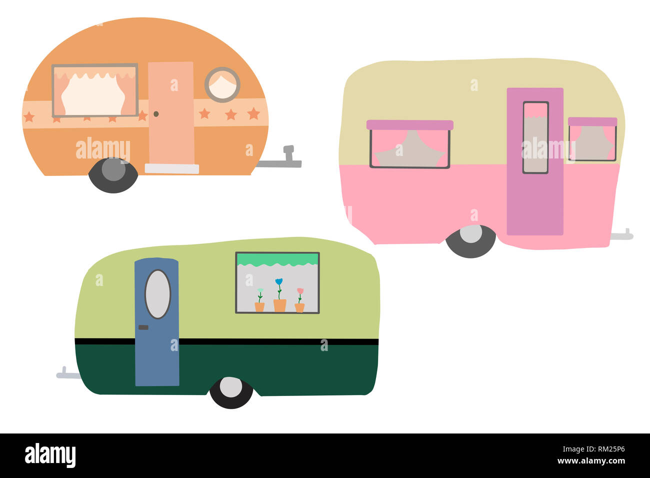 Set of Vintage Campers / Caravans Isolated on white, Hand Drawn ...