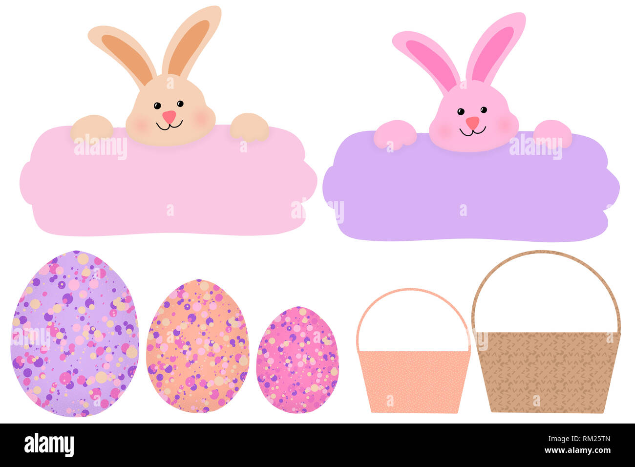 Set of hand drawn bunny rabbits holding signs with easter eggs and ...