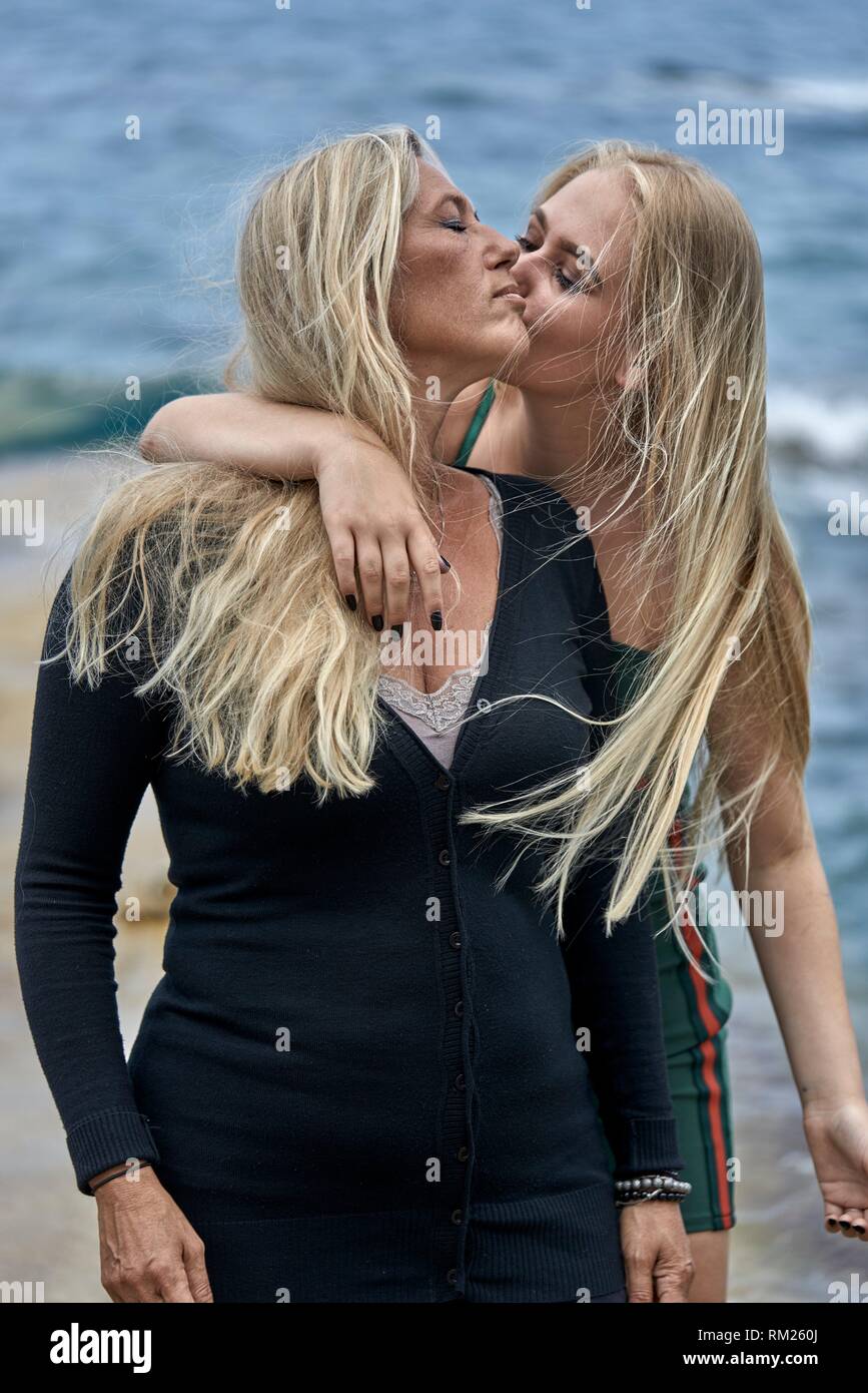 Teenage Daughter 13 Years Kissing Mother 43 Years Next To Sea