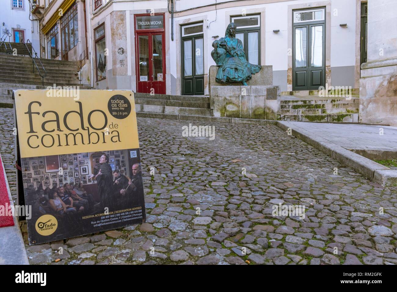 Fado Pub Sign with the Tricana of Coimbra, Bronze seated Statue with ...