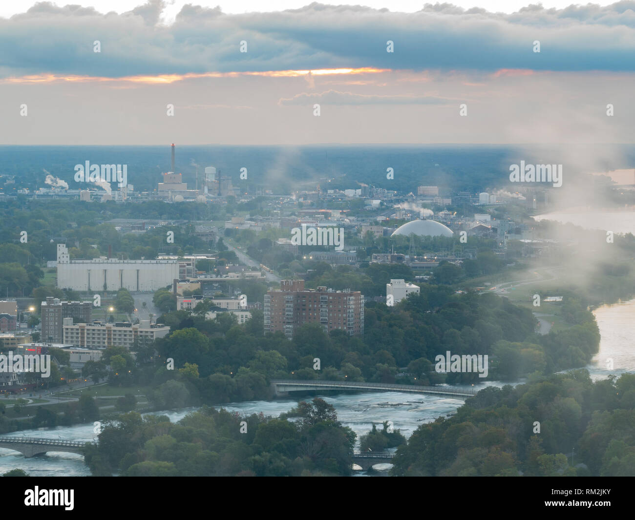 Aerial sunrise view of the beautiful Niagara River and Niagara Falls ...