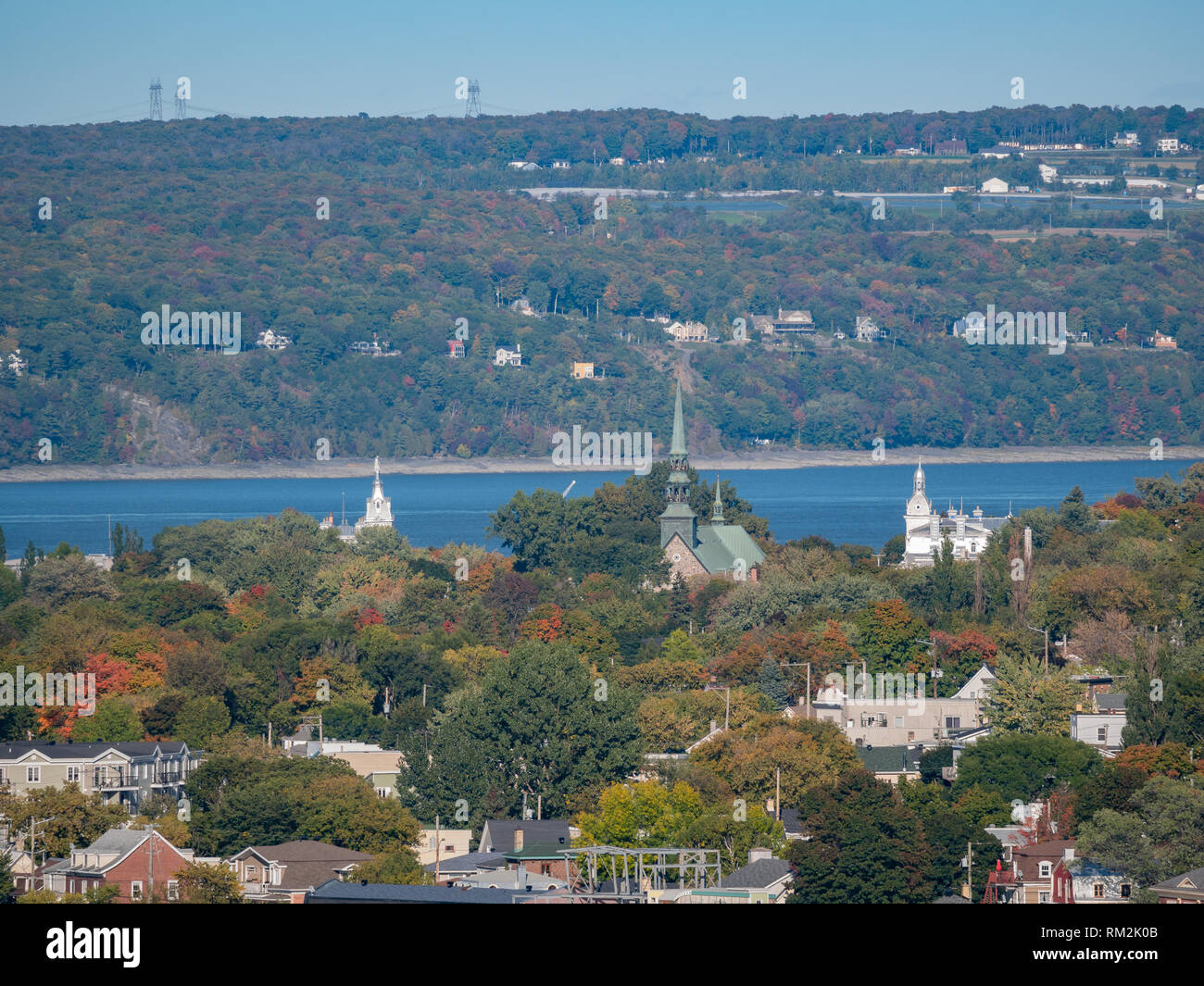 Afternoon sunny view of Levis city, church with fall color at Quebec ...