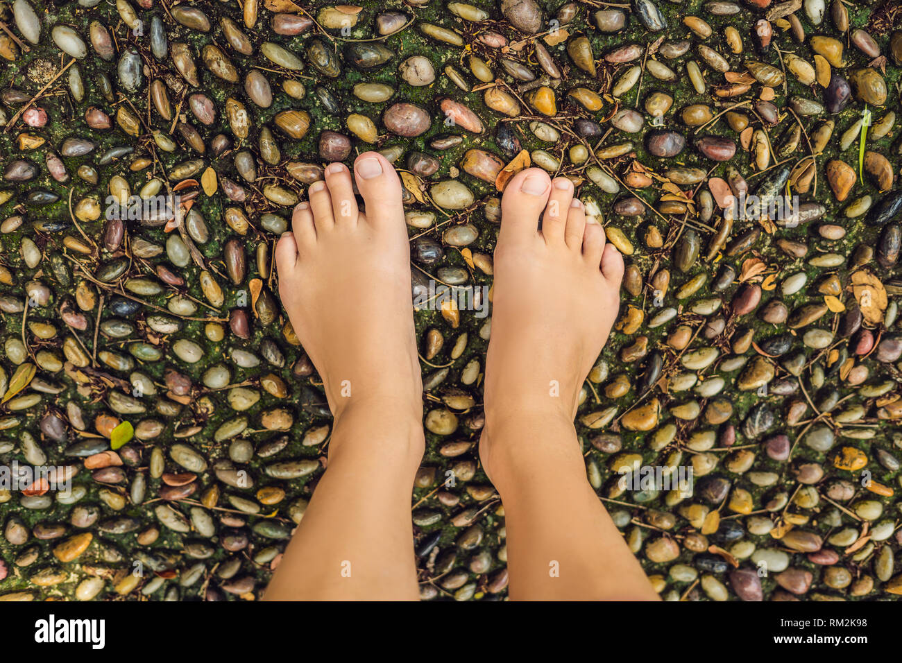 Woman Walking On A Textured Cobble Pavement, Reflexology. Pebble stones ...