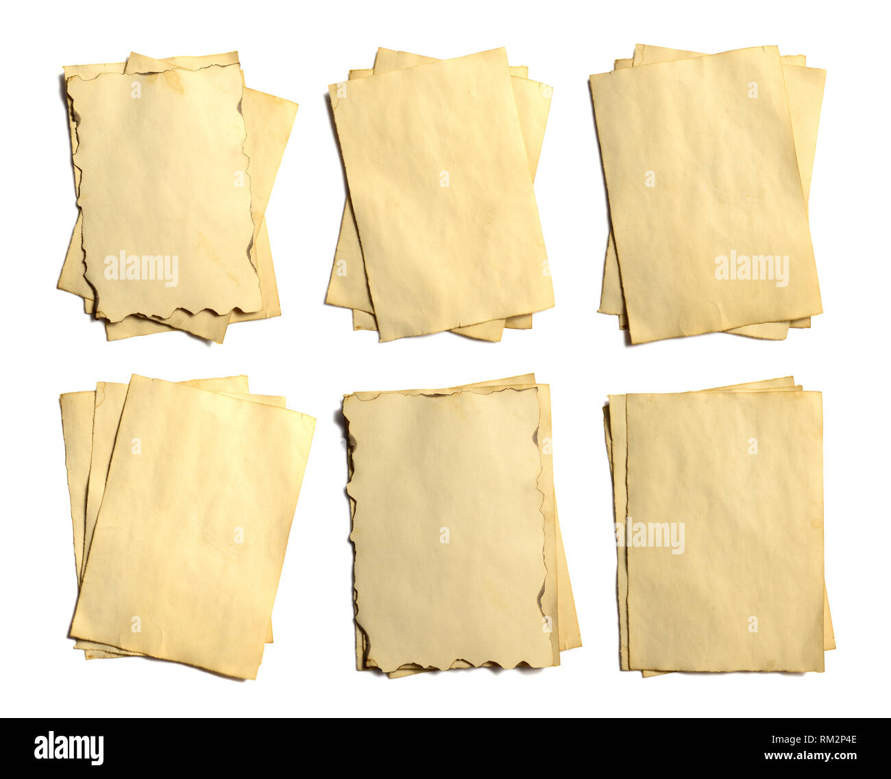 Set of old blank pieces of antique vintage crumbling paper manuscript ...