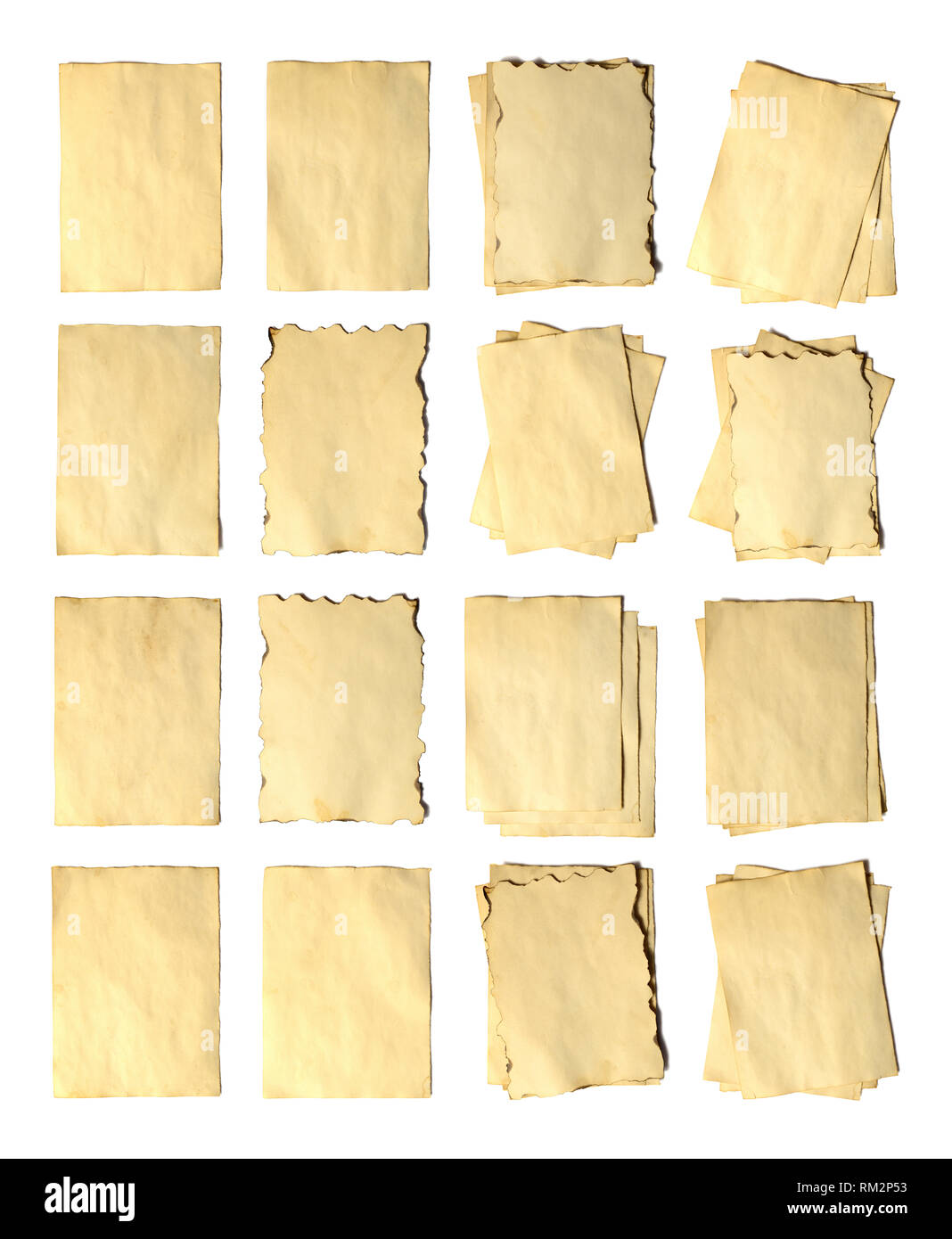 Set of old blank pieces of antique vintage crumbling paper manuscript ...