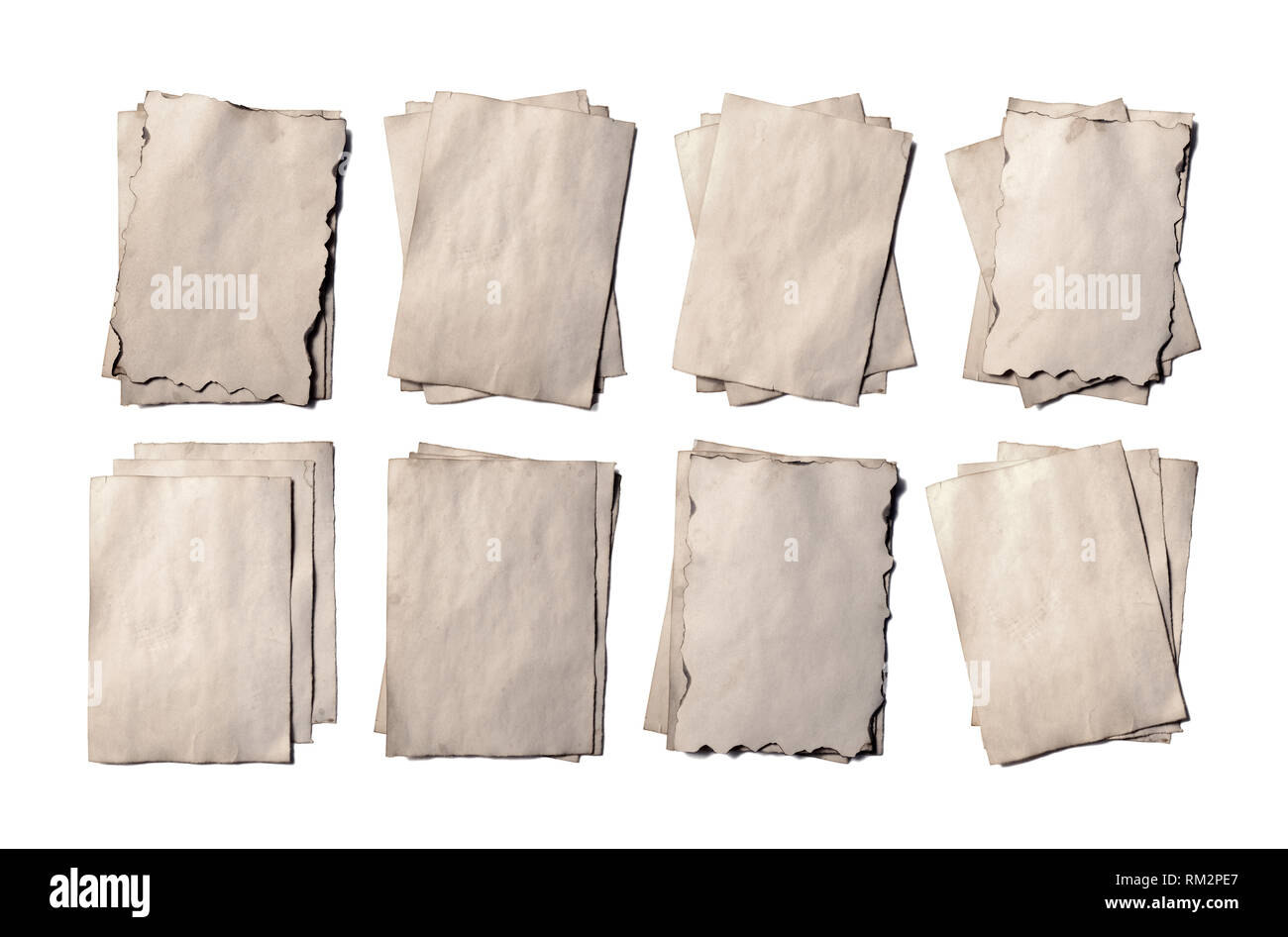 Set of old blank pieces of antique vintage crumbling paper manuscript ...